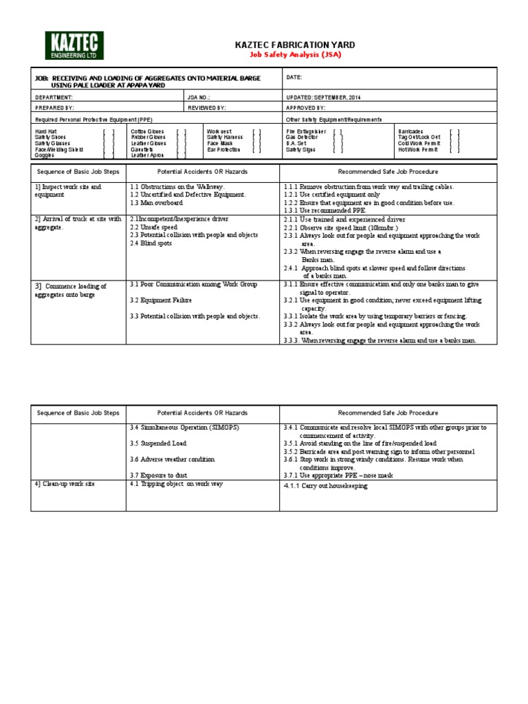 JSA for Loading Aggregates onto Barge | PDF | Personal Protective ...