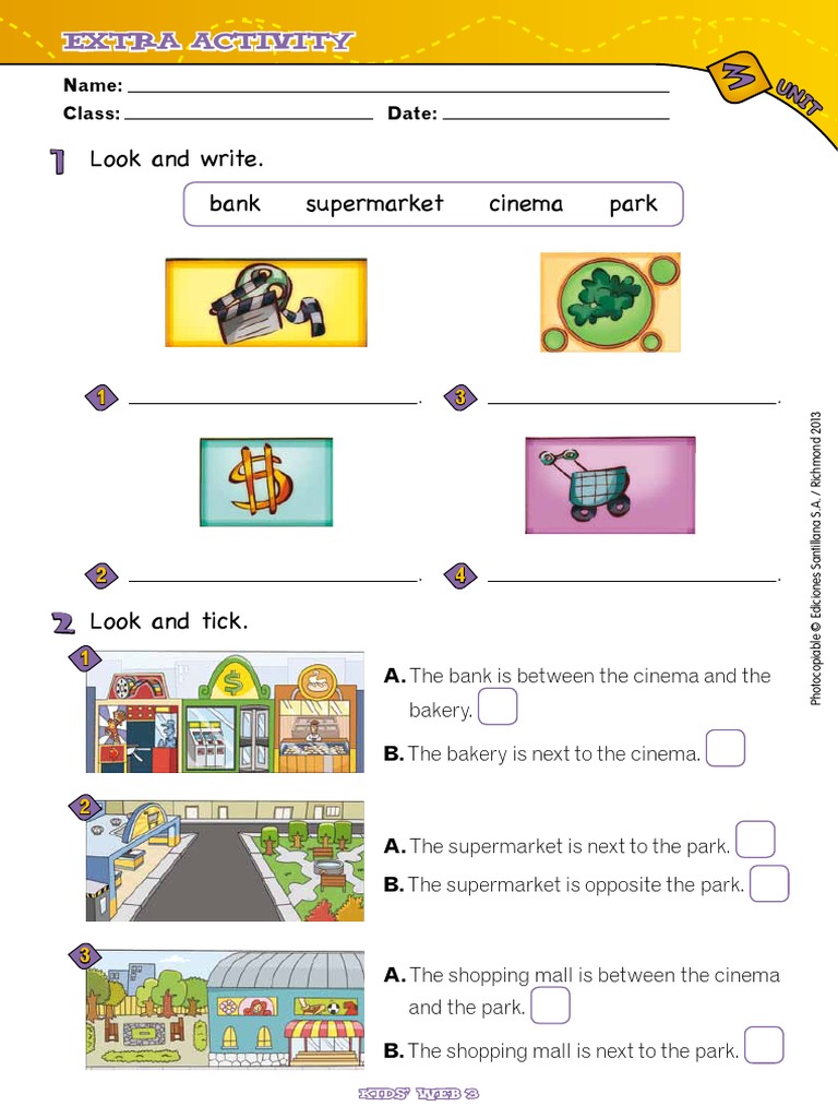 Look and Write. Bank Supermarket Cinema Park: Extra Activity | PDF ...