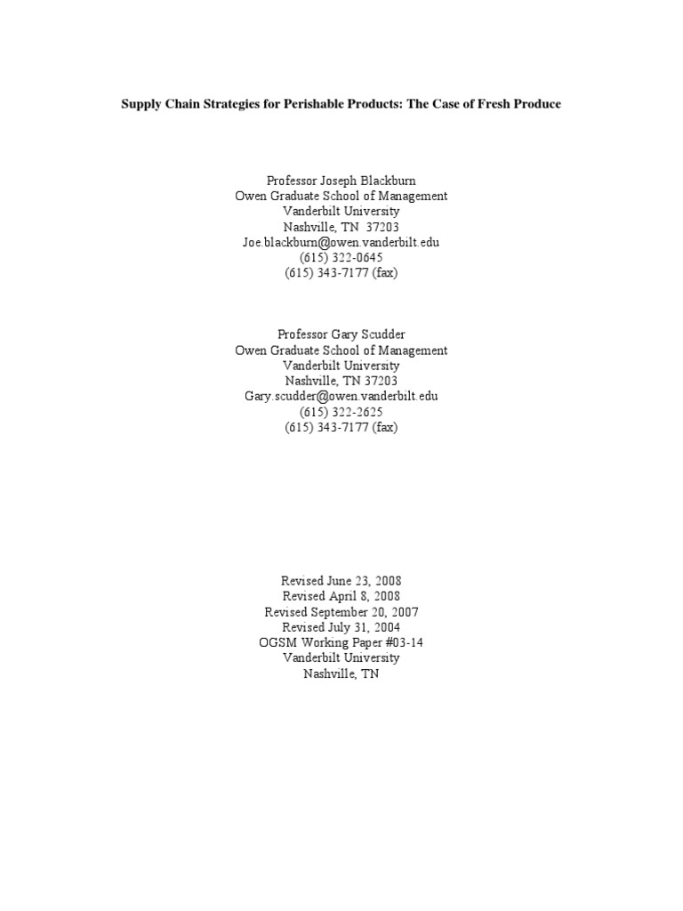 Supply Chain Strategies For Perishable Products The Case Of Fresh Produce Pdf Supply Chain