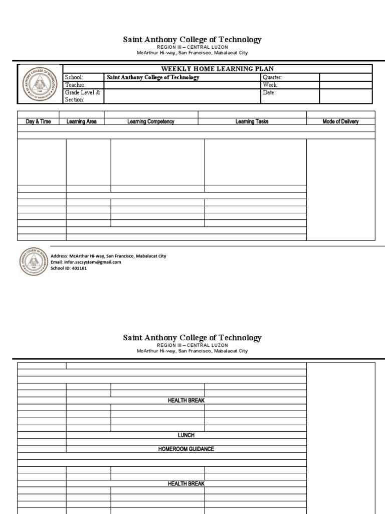 Saint Anthony College of Technology: Weekly Home Learning Plan | PDF ...