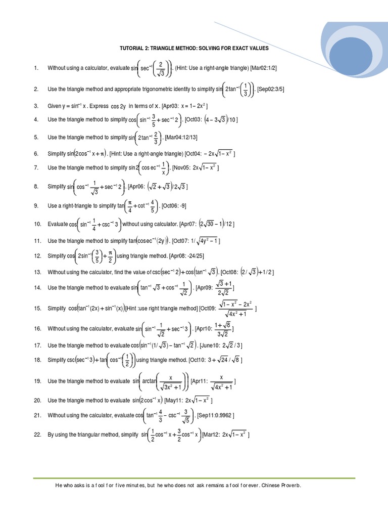 Triangle Method: Exact Value Solutions | PDF | Trigonometric Functions ...