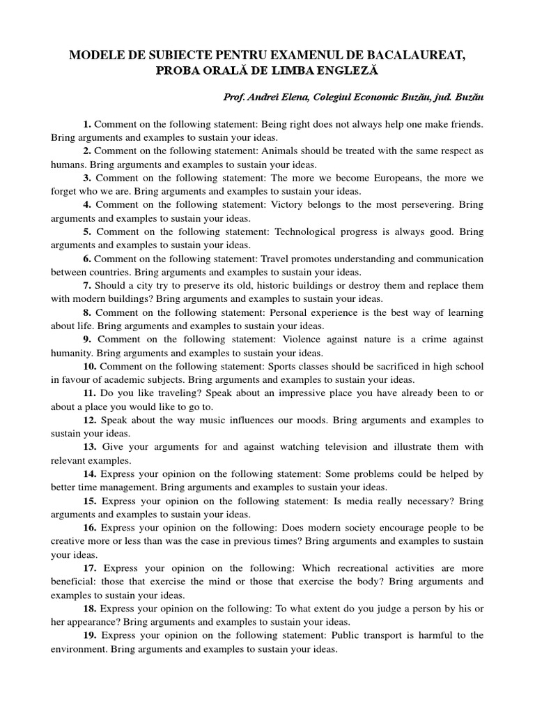 Modele de Subiecte Pentru Examenul de Bacalaureat Proba Orala de Limba Engleza PDF | PDF ...