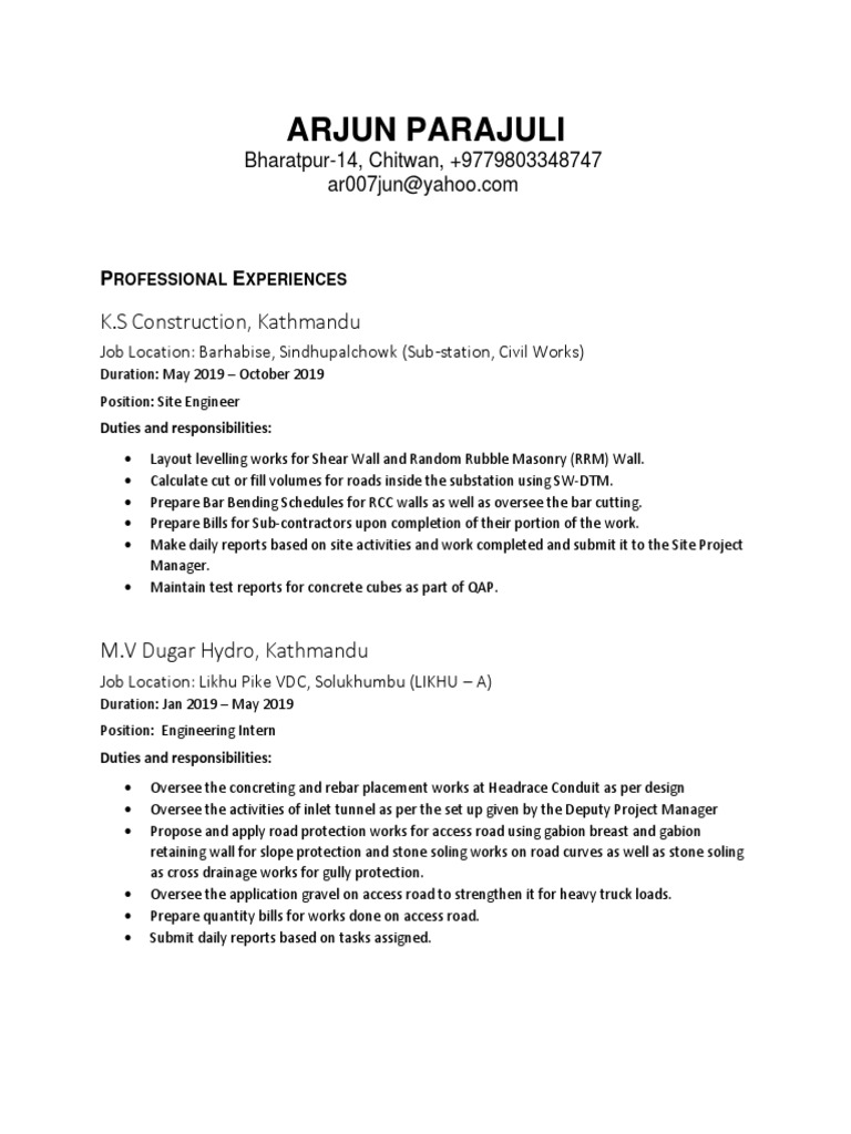 Arjun Parajuli: K.S Construction, Kathmandu | PDF | Civil Engineering | Economic Sectors