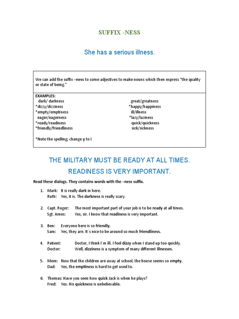 She Has A Serious Illness.: Suffix - Ness | PDF | Noun | Adjective