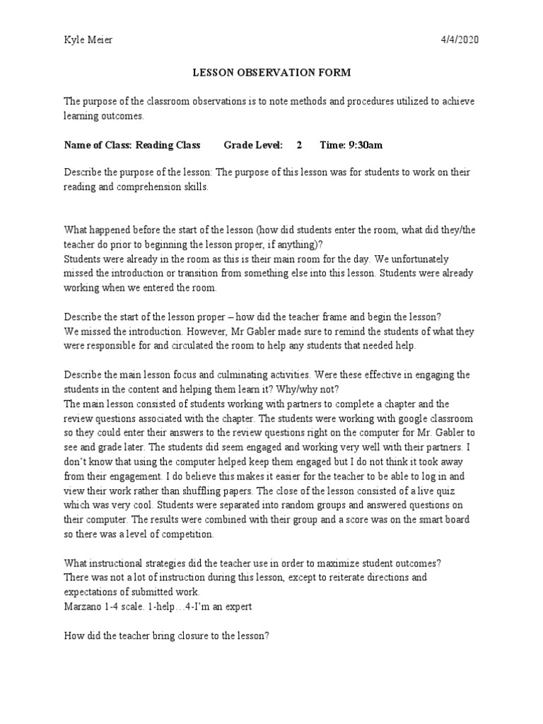 Non-Pe Lesson Observation Elementary | PDF | Classroom | Reading ...