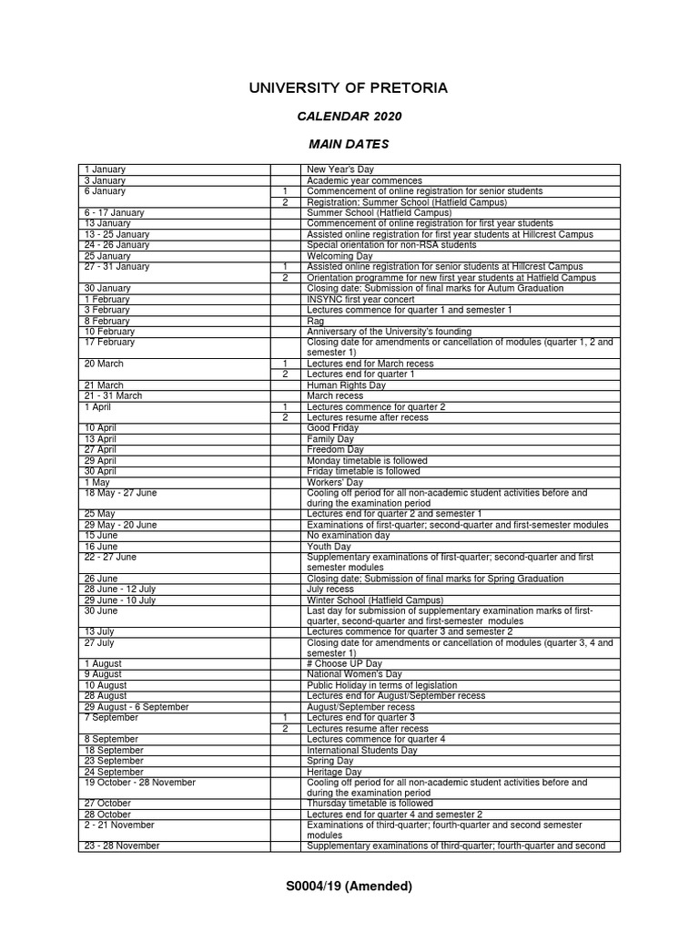 University of Pretoria: Calendar 2020 Main Dates | PDF | Academic Term ...