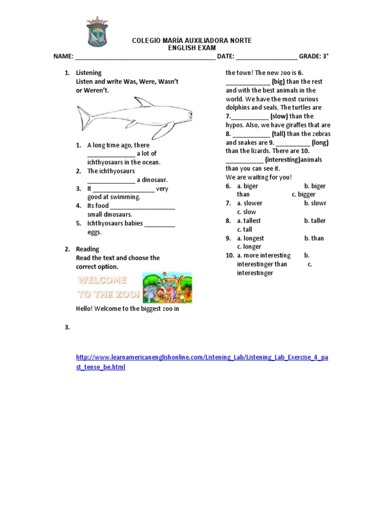 Colegio María Auxiliadora Norte English Exam: ST - Tense - Be - HTML | PDF