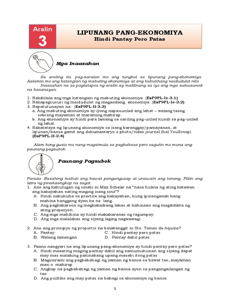 EsP Gr.9 Q1 Wk5 Wk6 Lipunang Pang Ekonomiya | PDF