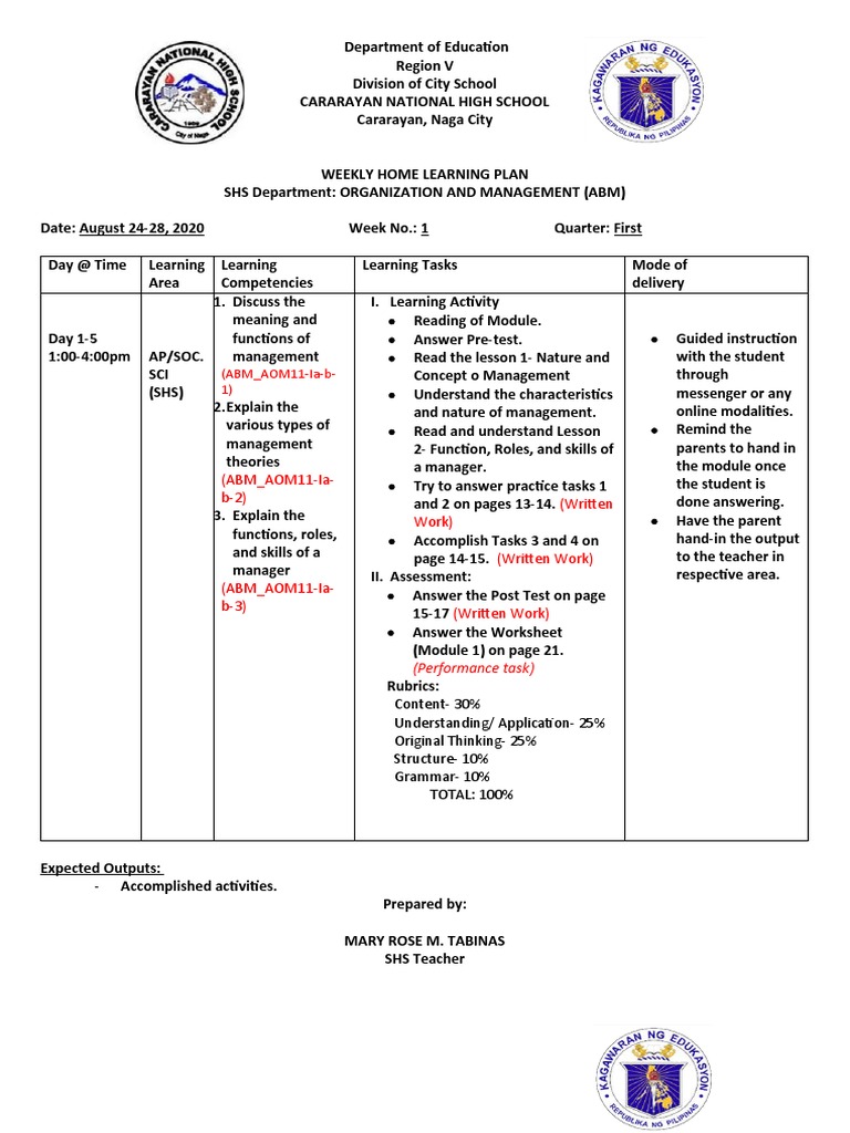 Weekly-Plan ORGA AND MANGMNT | PDF | Swot Analysis | Rubric (Academic)