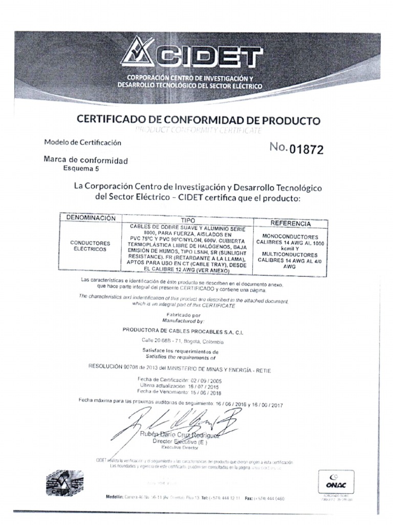 Certificado Retie Conductores Procables PDF | PDF