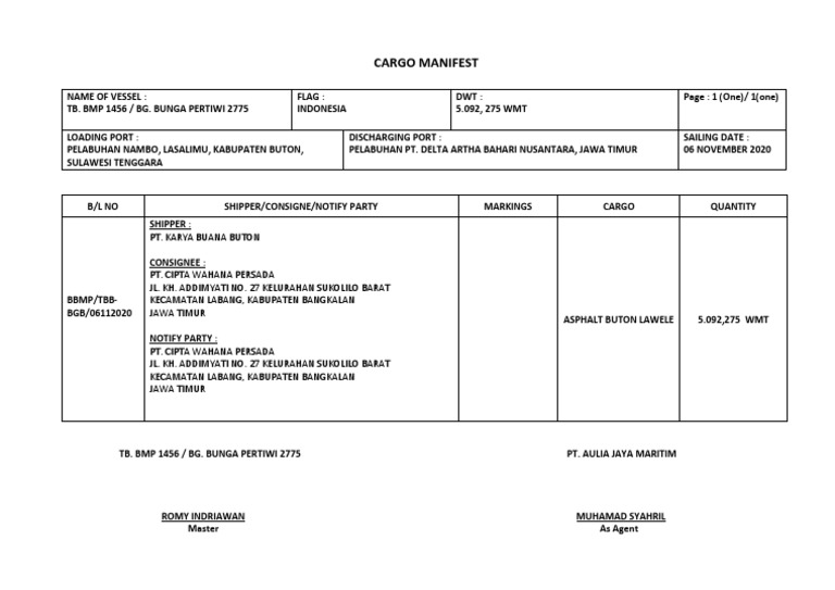 Cargo Manifest Tb. BMP 1456 (06 November 2020) | PDF
