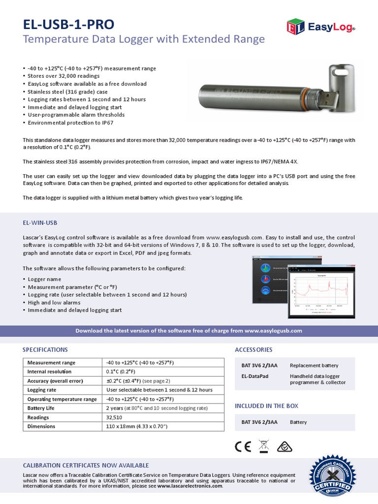 EL-USB-1-PRO: Temperature Data Logger With Extended Range | PDF | Calibration | Computing