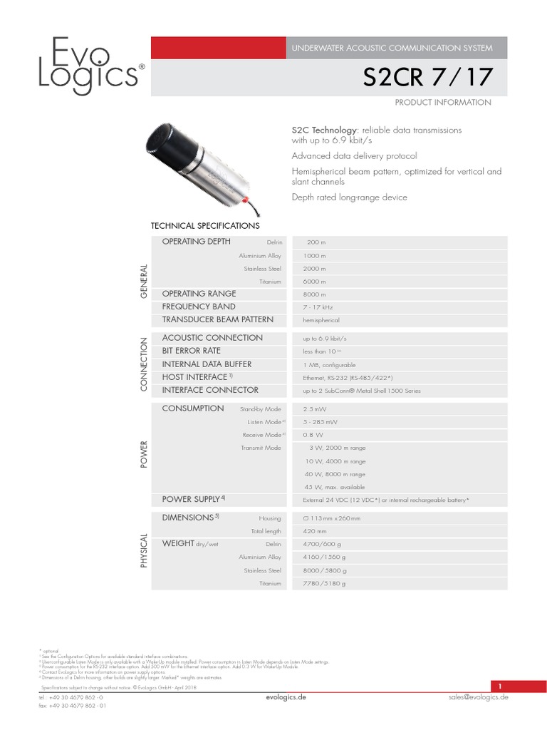 EvoLogics S2CR 717 Product Information | PDF | Bit Rate | Data Transmission