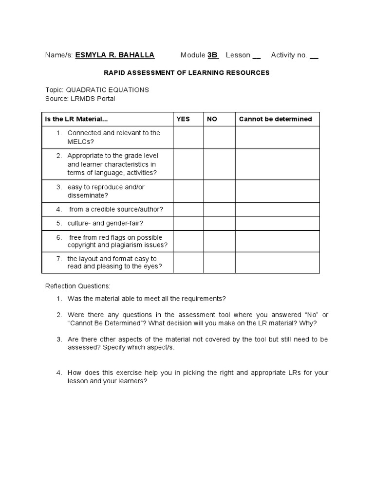 Name/S: Esmyla R. Bahalla Module 3B: Rapid Assessment of Learning ...