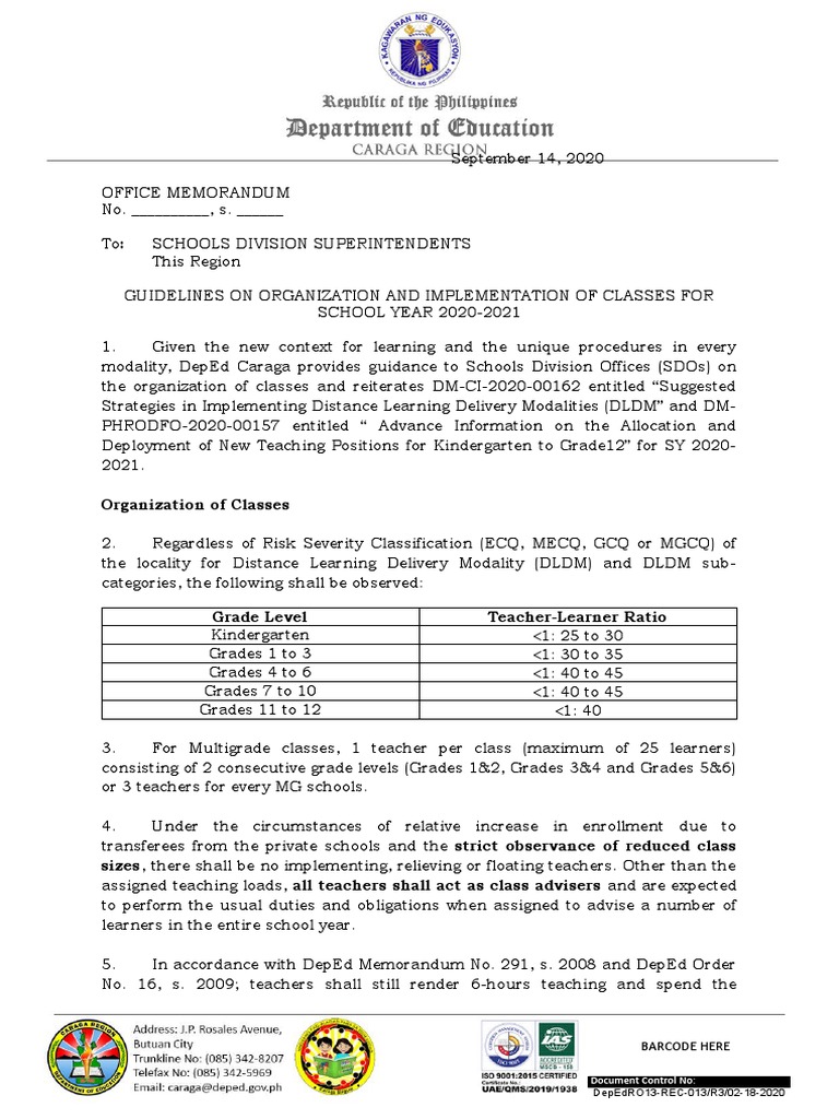 Class Organization Guidelines for SY 2020-2021 | PDF | Distance ...