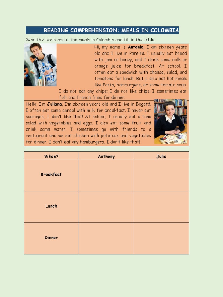 Meals and Preferences in Colombia | PDF | Lunch | Meal