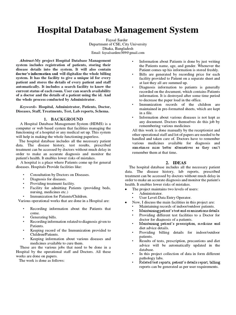 Hospital Database Management System Sql Pdf Pdf Patient Databases