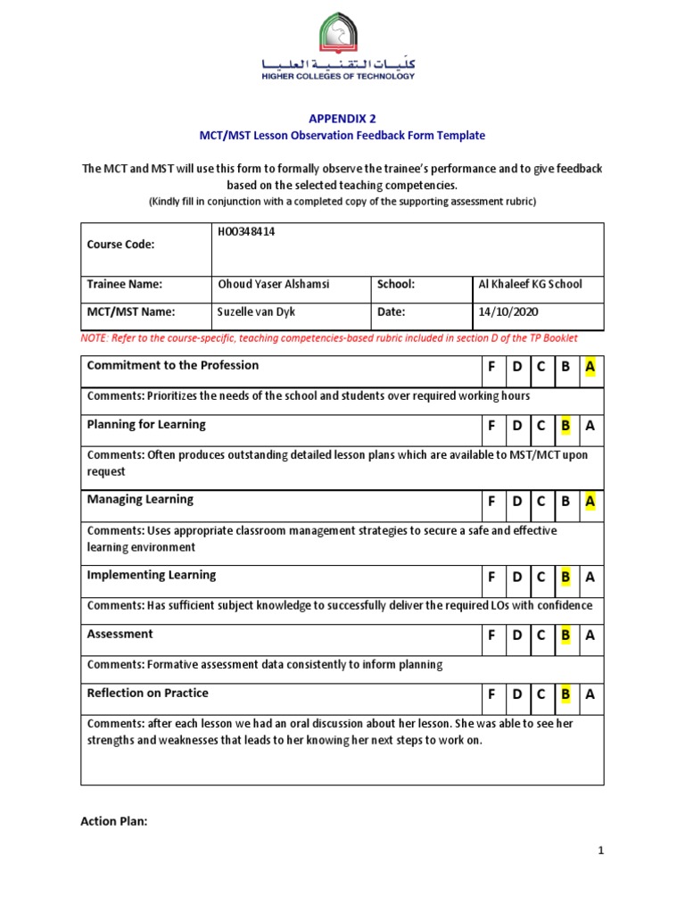 Appendix 2: MCT/MST Lesson Observation Feedback Form Template | PDF ...