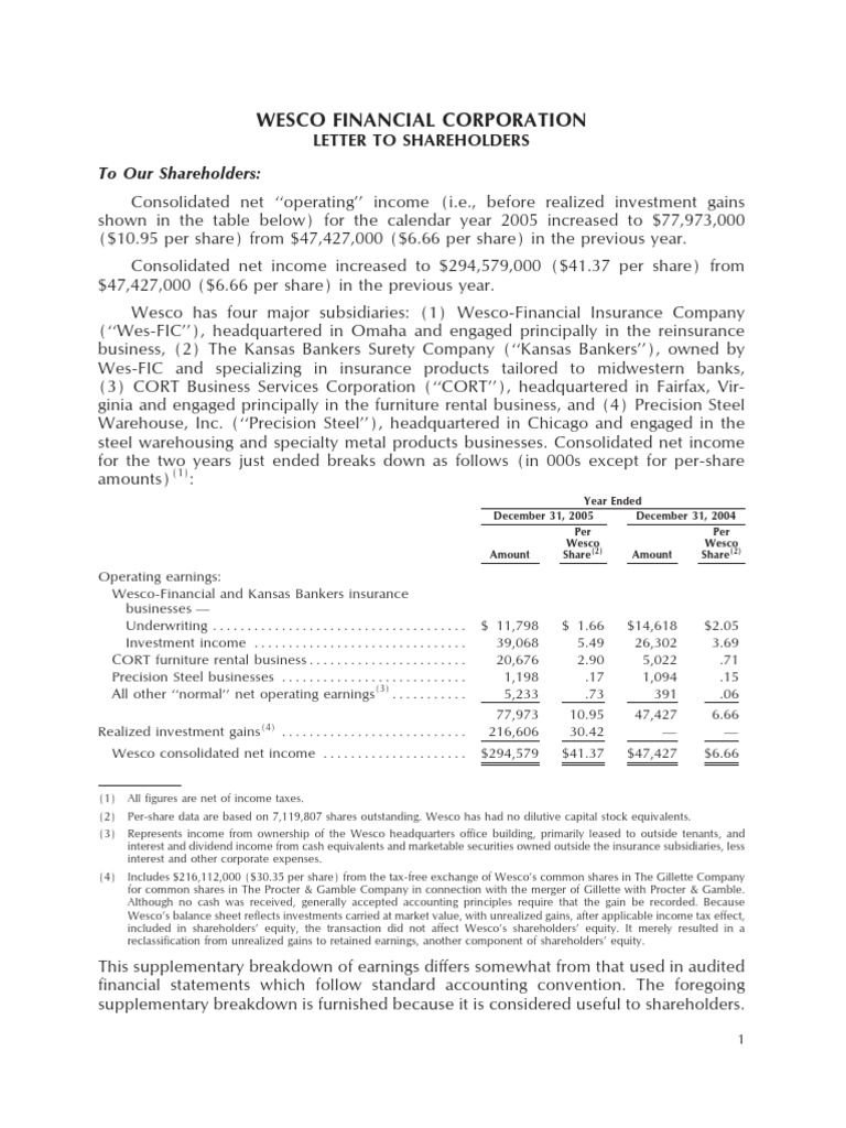 WESCO Financial 2005 Shareholder Report | PDF | Book Value | Insurance
