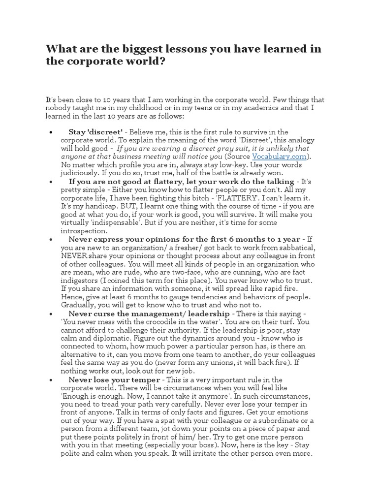 What Are The Biggest Lessons You Have Learned in The Corporate World | PDF