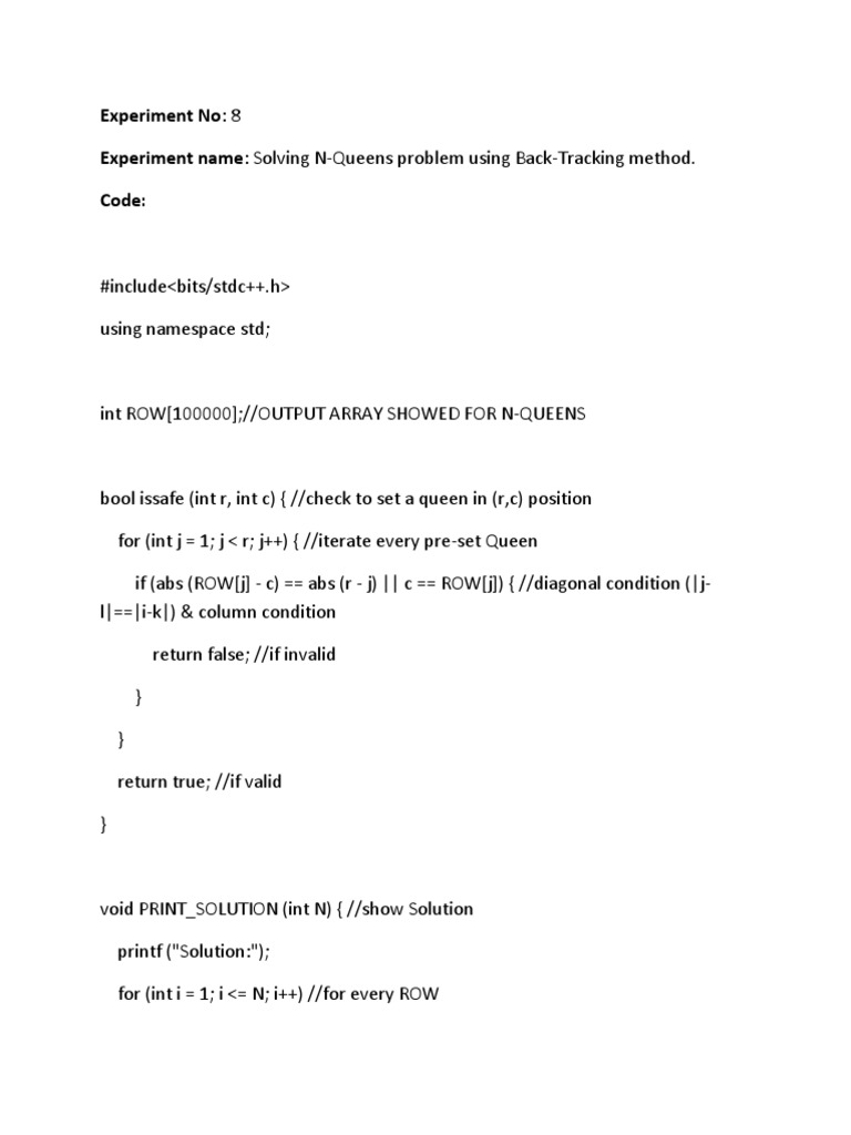 Experiment No: 8 Experiment Name: Solving N-Queens Problem Using Back-Tracking Method. Code | PDF