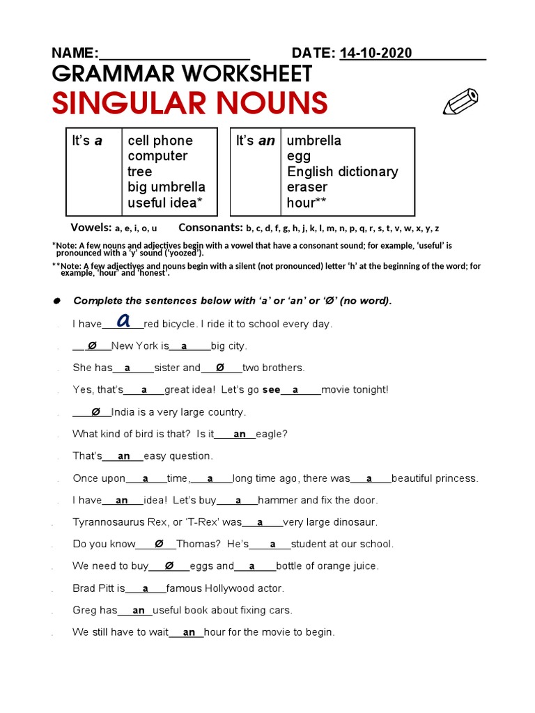 Singular Nouns: Grammar Worksheet | PDF