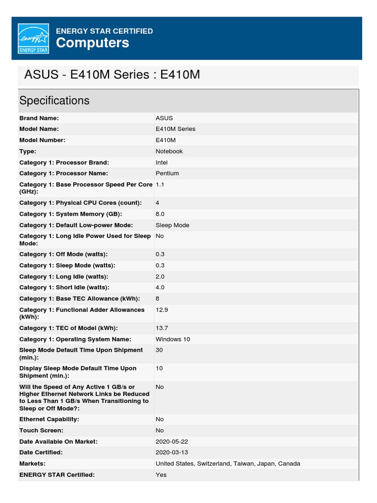 Computers: ASUS - E410M Series: E410M | PDF | Computers