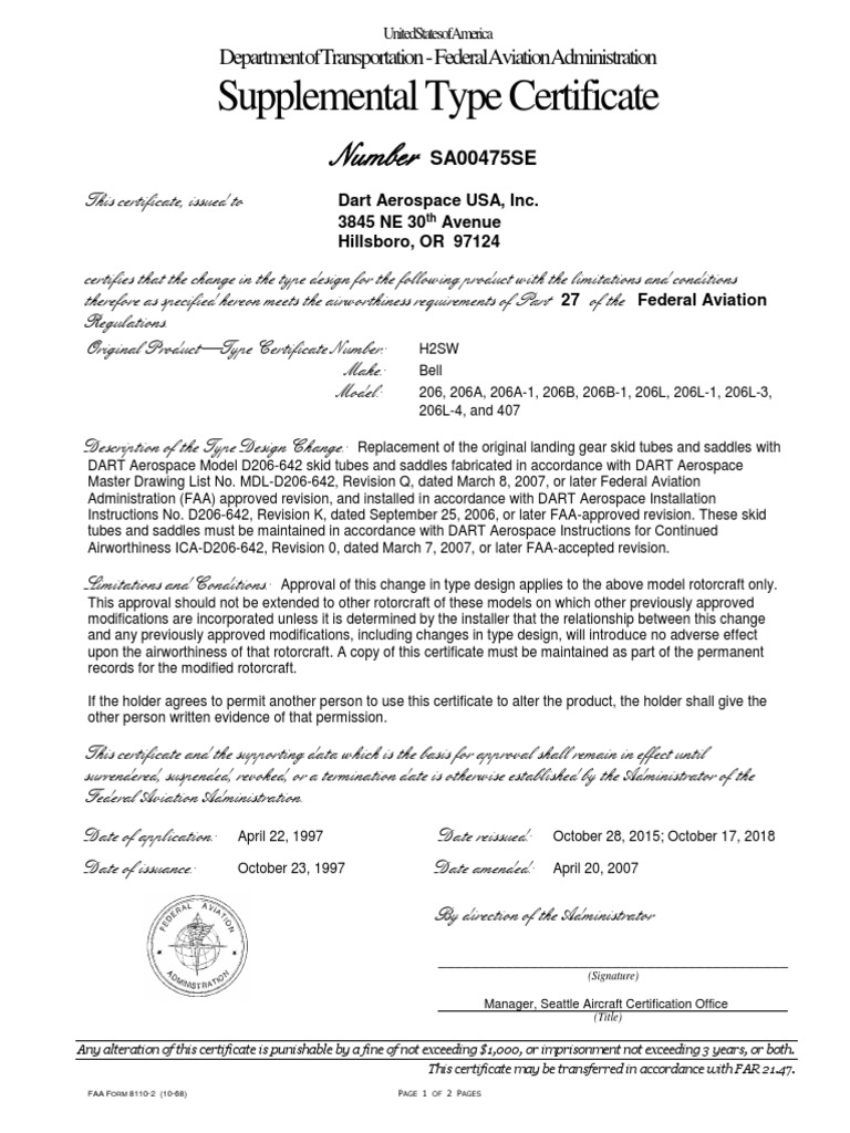Supplemental Type Certificate: Number | Download Free PDF | Aeronautics ...