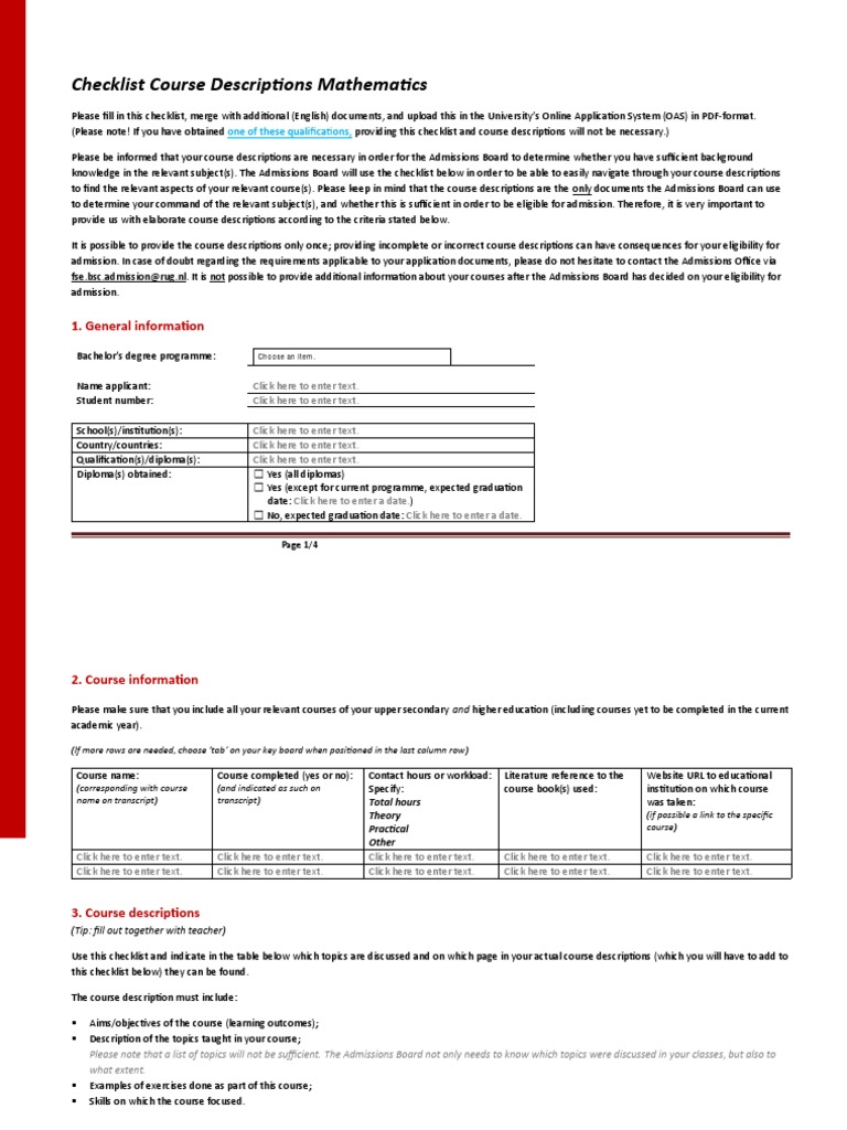 Checklist Course Descriptions Mathematics: 1. General Information | PDF