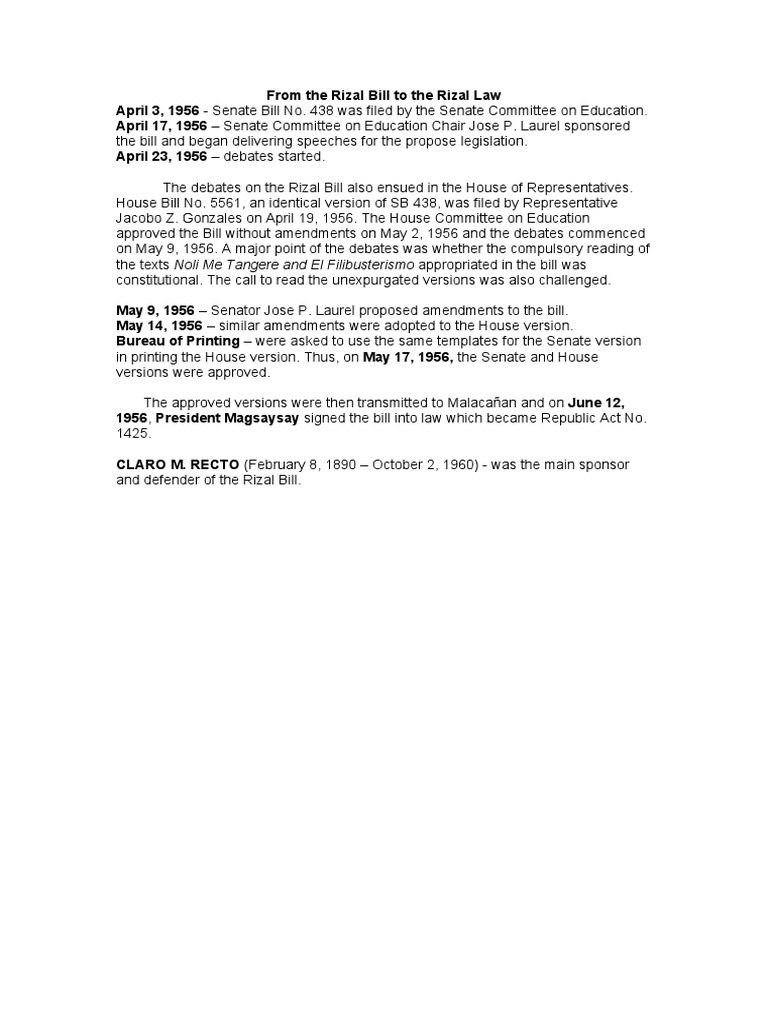 From The Rizal Bill To The Rizal Law | PDF
