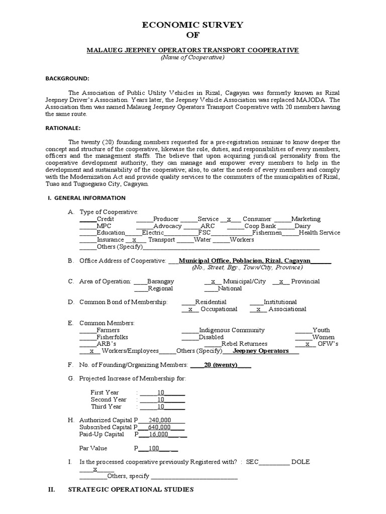 Economic Survey OF: Malaueg Jeepney Operators Transport Cooperative ...