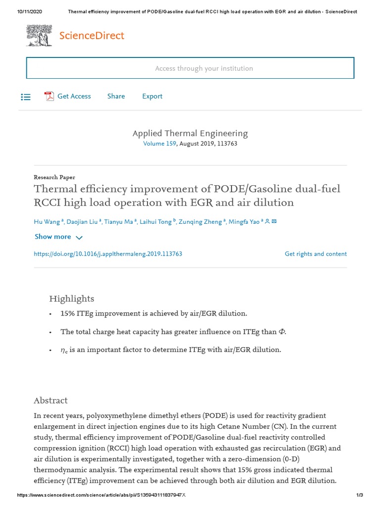Thermal Efficiency Improvement of PODE - Gasoline Dual-Fuel RCCI High ...