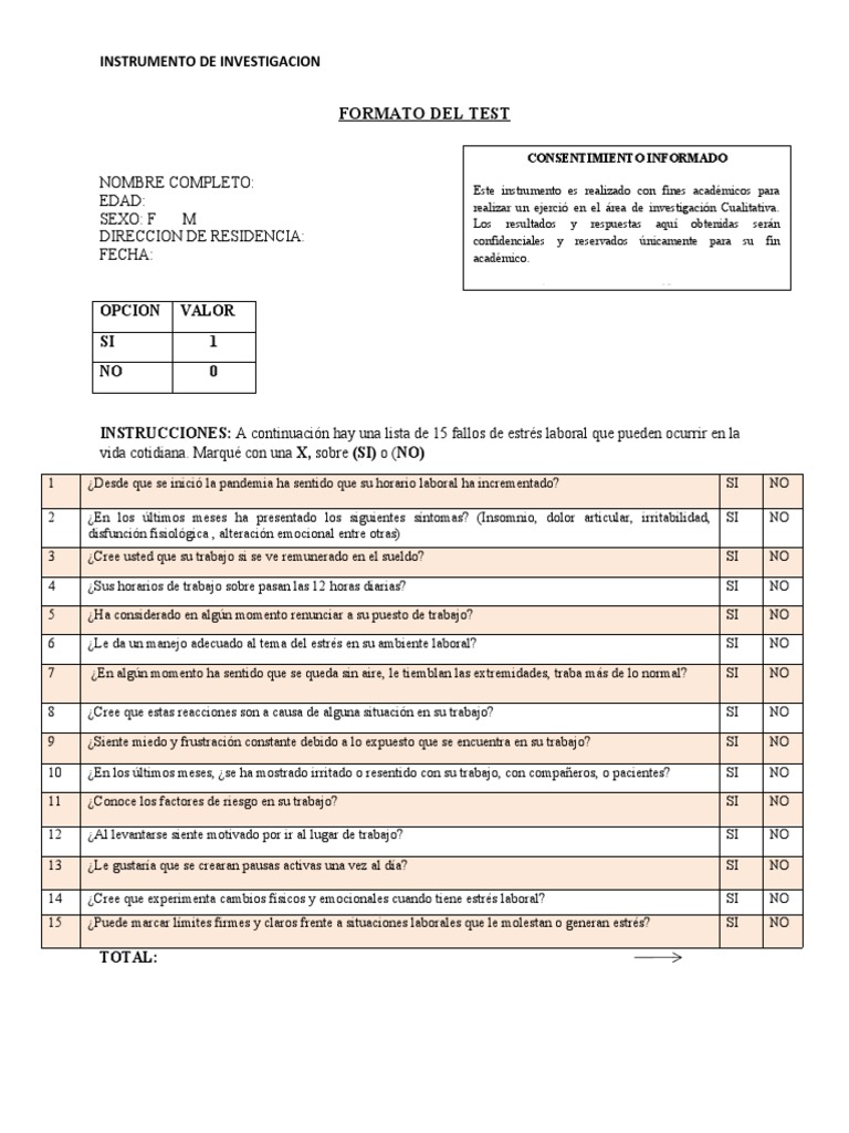 Test de Estrés Laboral: Formato y Evaluación | PDF | Estrés (biología ...