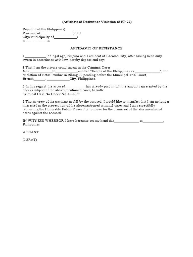 Form No. 18 - Affidavit of Desistance Violation of BP 22 | PDF