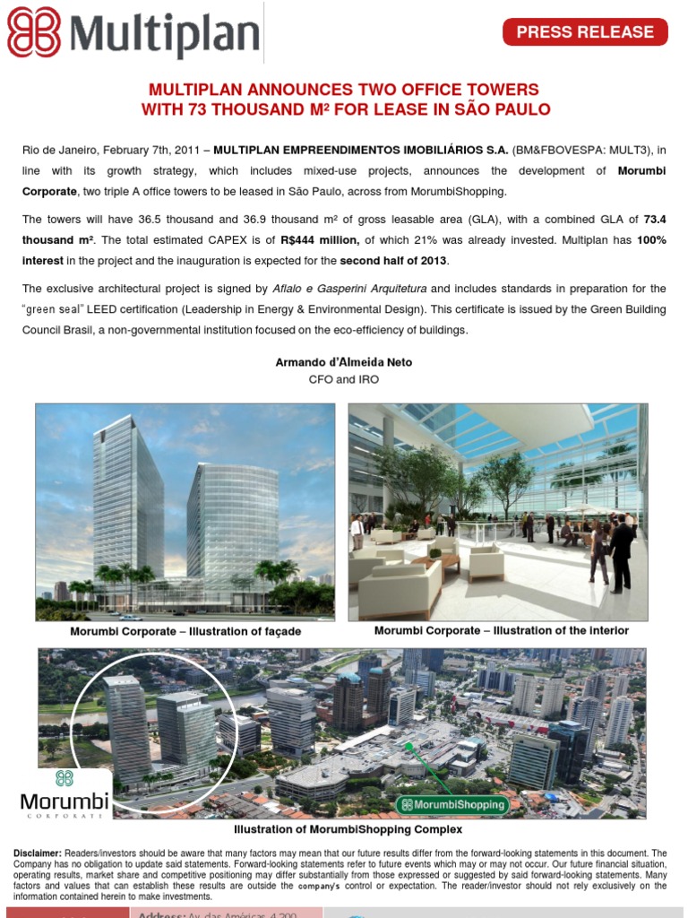 Multiplan Launches 73,000 m² Office Towers | PDF | Economies | Investing