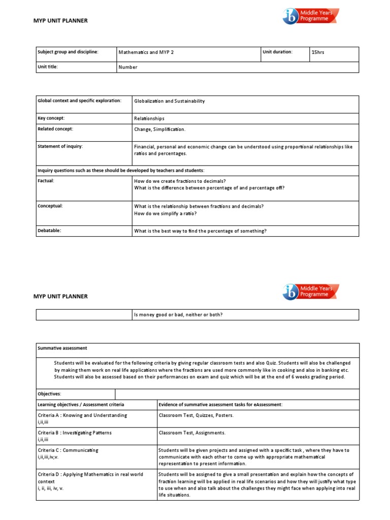 MYP Unit Plan No.1 - MYP 2 | PDF | Educational Assessment | Educational Psychology