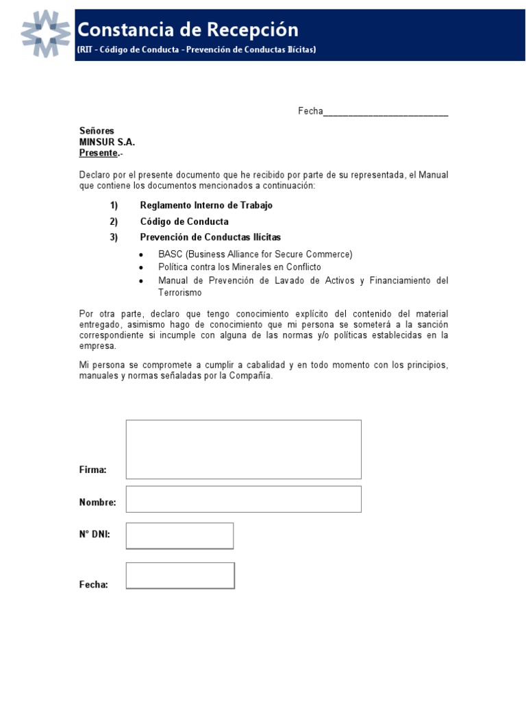 Anexo 05. Constancia de Recepcion RIT-CC-LAFT | PDF
