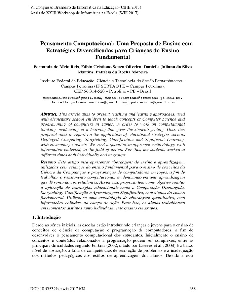 Pensamento Computacional Uma Proposta de Ensino Com Estratégias ...