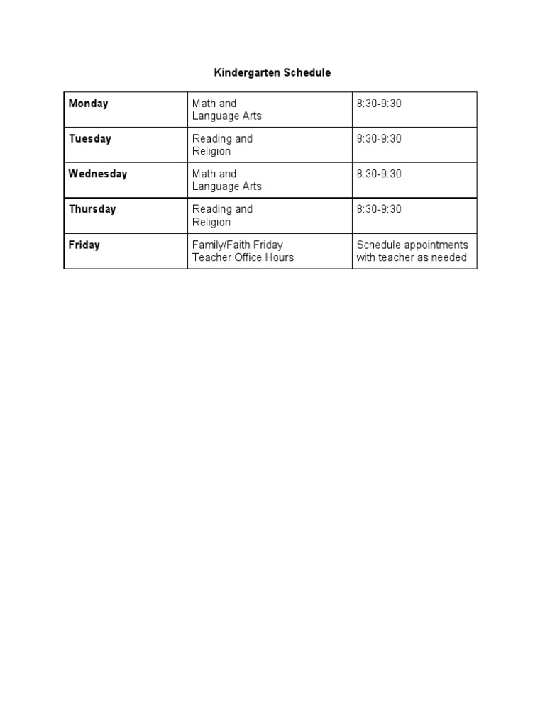 Weekly Kindergarten Class Schedule | PDF