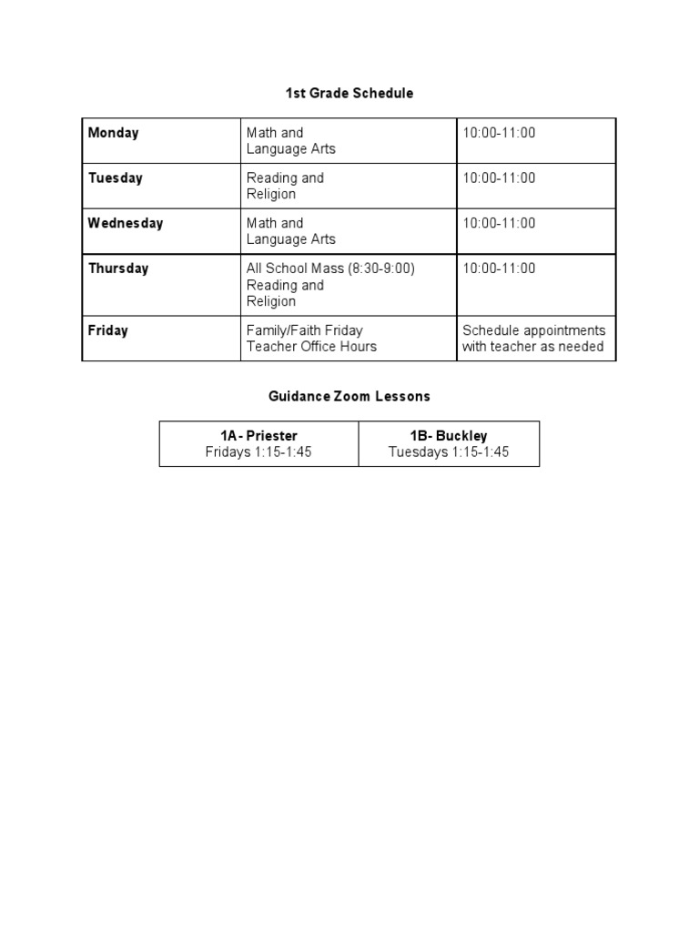 1st Grade Schedule | PDF