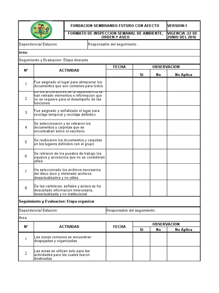 Anexo 19. Formato de Inspeccion Semanal de Ambiente Orden y Aseo | PDF ... Anexo 19. Formato de Inspeccion Semanal de Ambiente Orden y Aseo | PDF ...