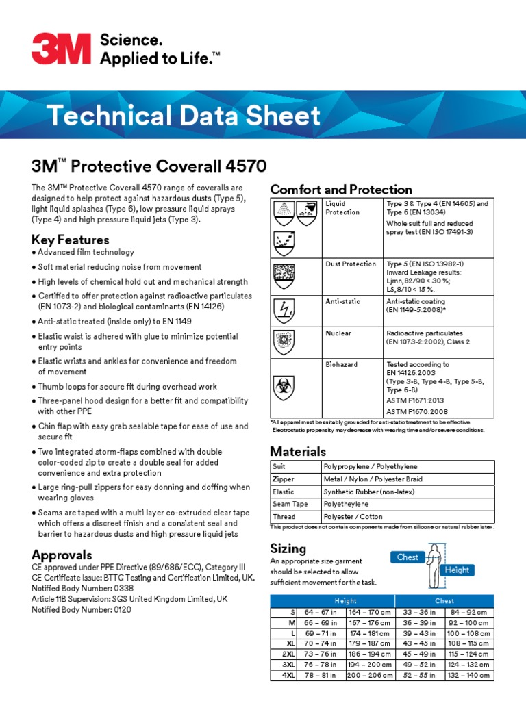 Technical Data Sheet: 3M Protective Coverall 4570 | PDF | Chemical ...