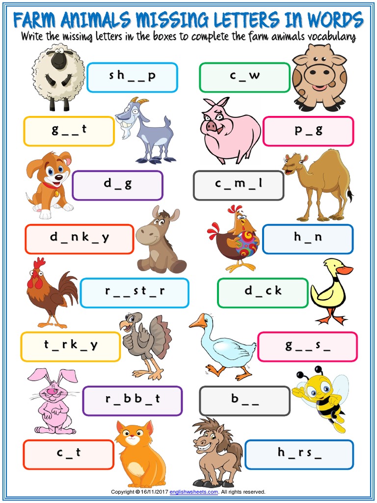 Farm Animals Vocabulary Esl Missing Letters in Words Worksheet For Kids ...