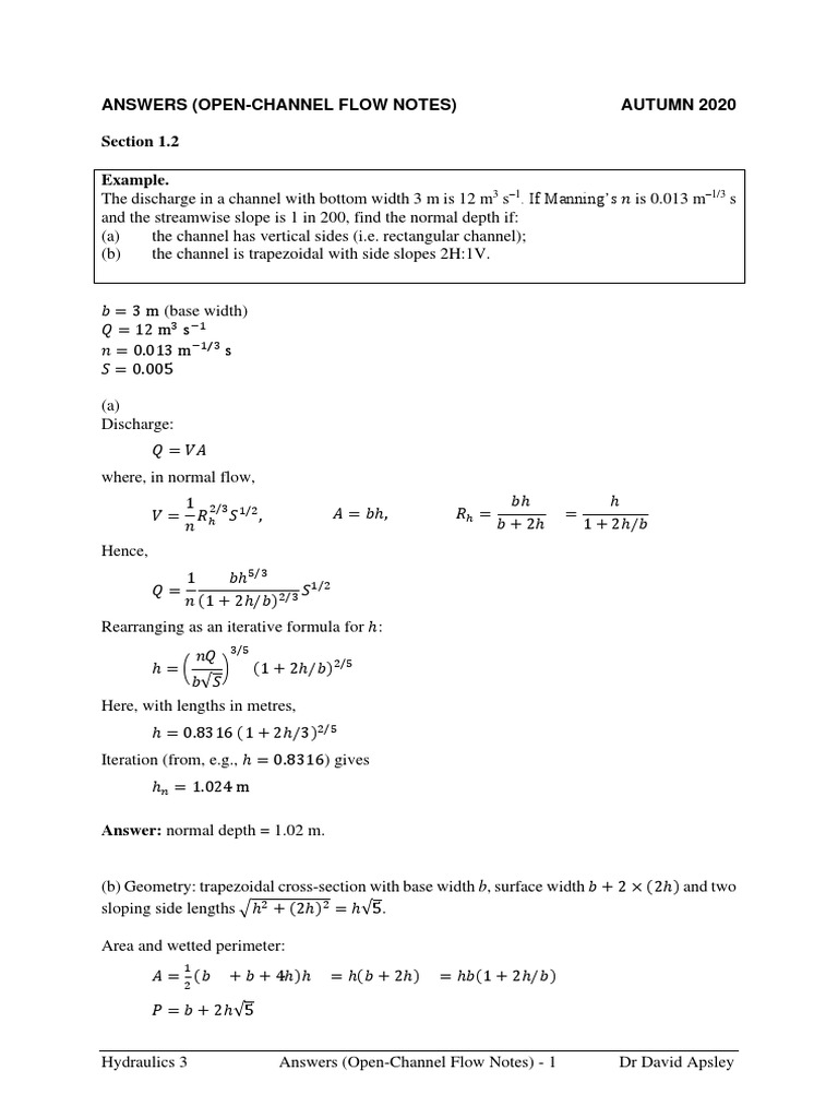 Answers (Open-Channel Flow Notes) - Key Sections | PDF | Fluid ...