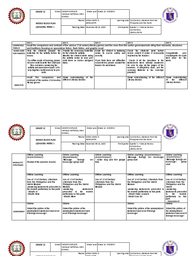 Grade 12 Weekly Block Plan: 21st Century Literature | PDF | Online And ...