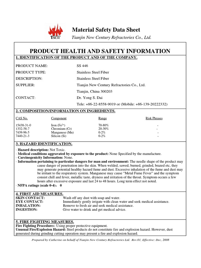 Material Safety Data Sheet: Tianjin New Century Refractories Co., LTD ...