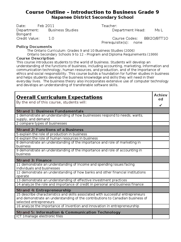 Grade 9 Introduction to Business Outline | PDF | Educational Assessment ...