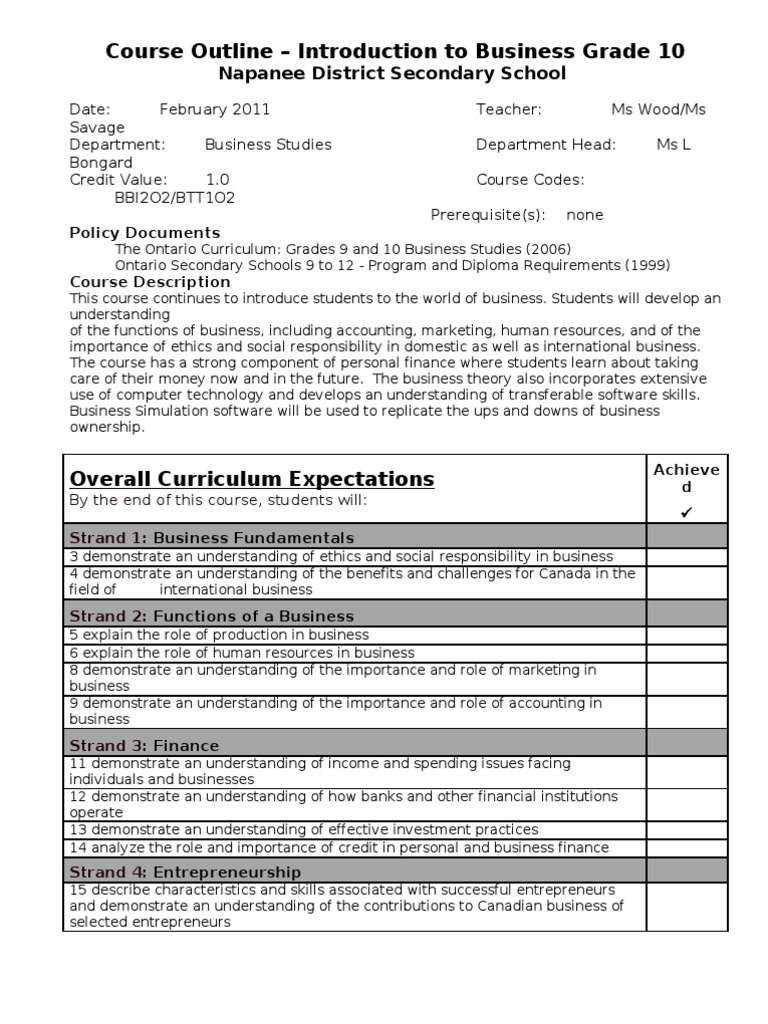 Course Outline - Introduction To Business Grade 10: Napanee District ...