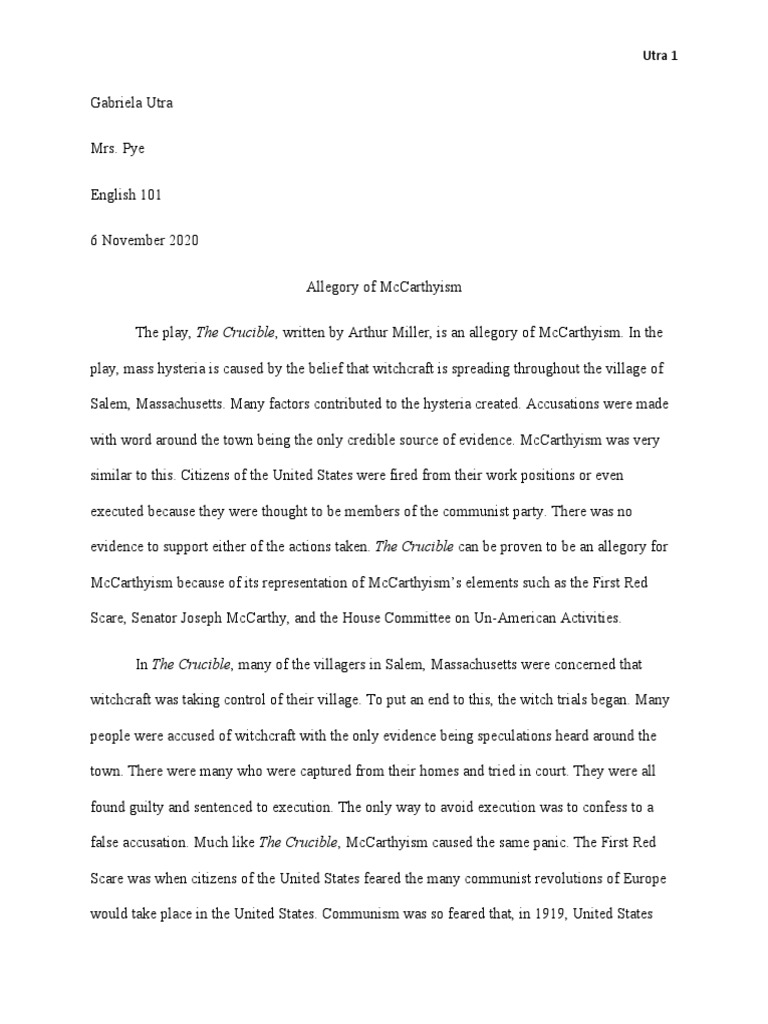 The Crucible Allegory | PDF | Mc Carthyism | House Un American ...
