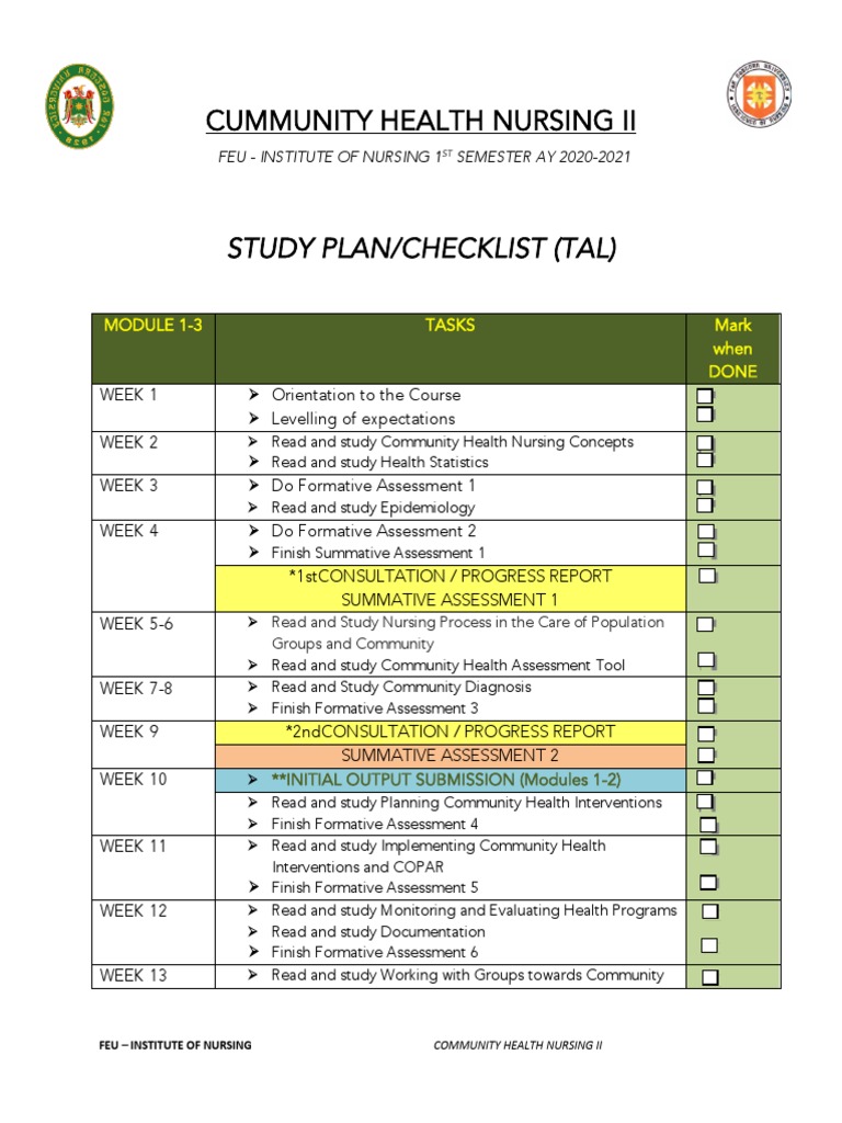 Cummunity Health Nursing Ii: Study Plan/Checklist (Tal) | PDF | Nursing ...